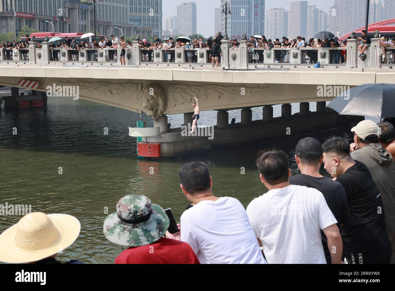 Aerial photo shows visitors watching people diving into the Haihe River ...