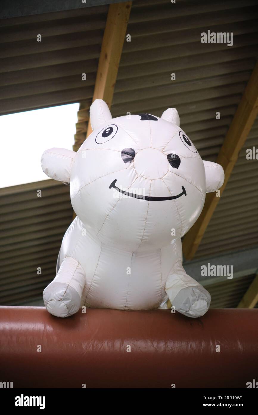A large inflatable cow smiles down from the top of the Bouncy Castle at ...