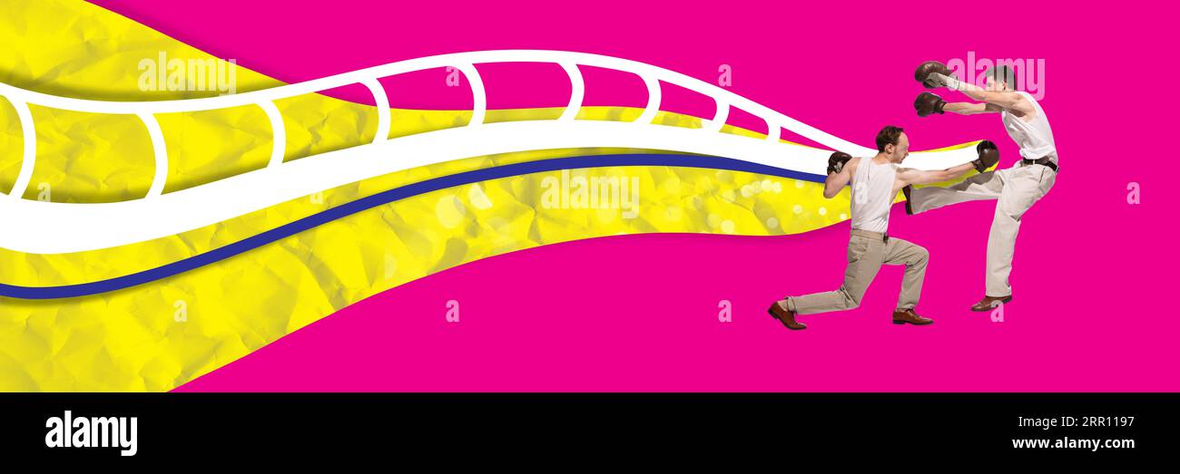 Contemporary art collage. Two young men in retro clothes fighting ...