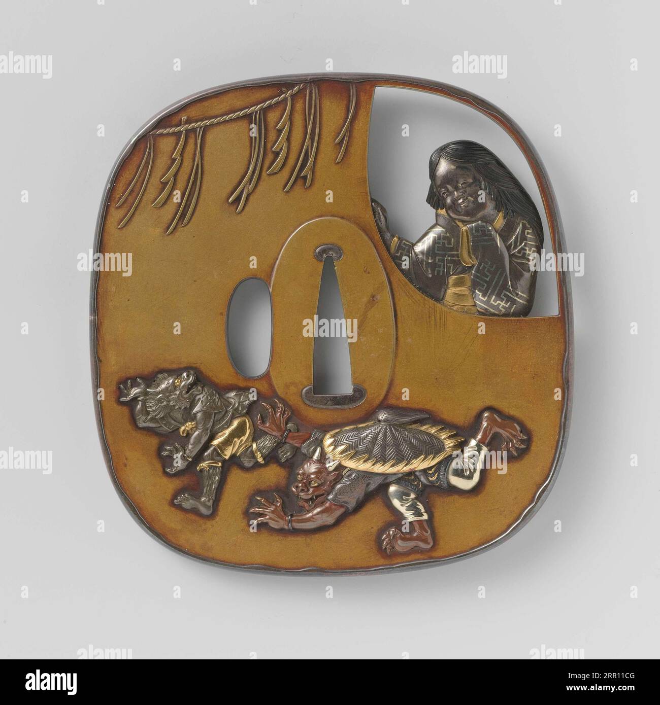 A round oval Iron Tsuba, a sword guard and part of a sword mounting. It ...