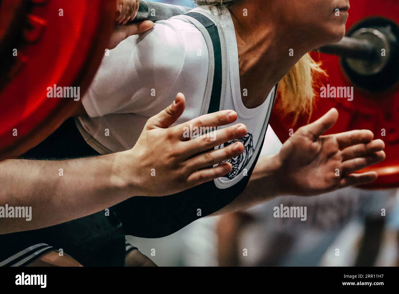 female powerlifter during squat powerlifting, coach hands are on safety ...