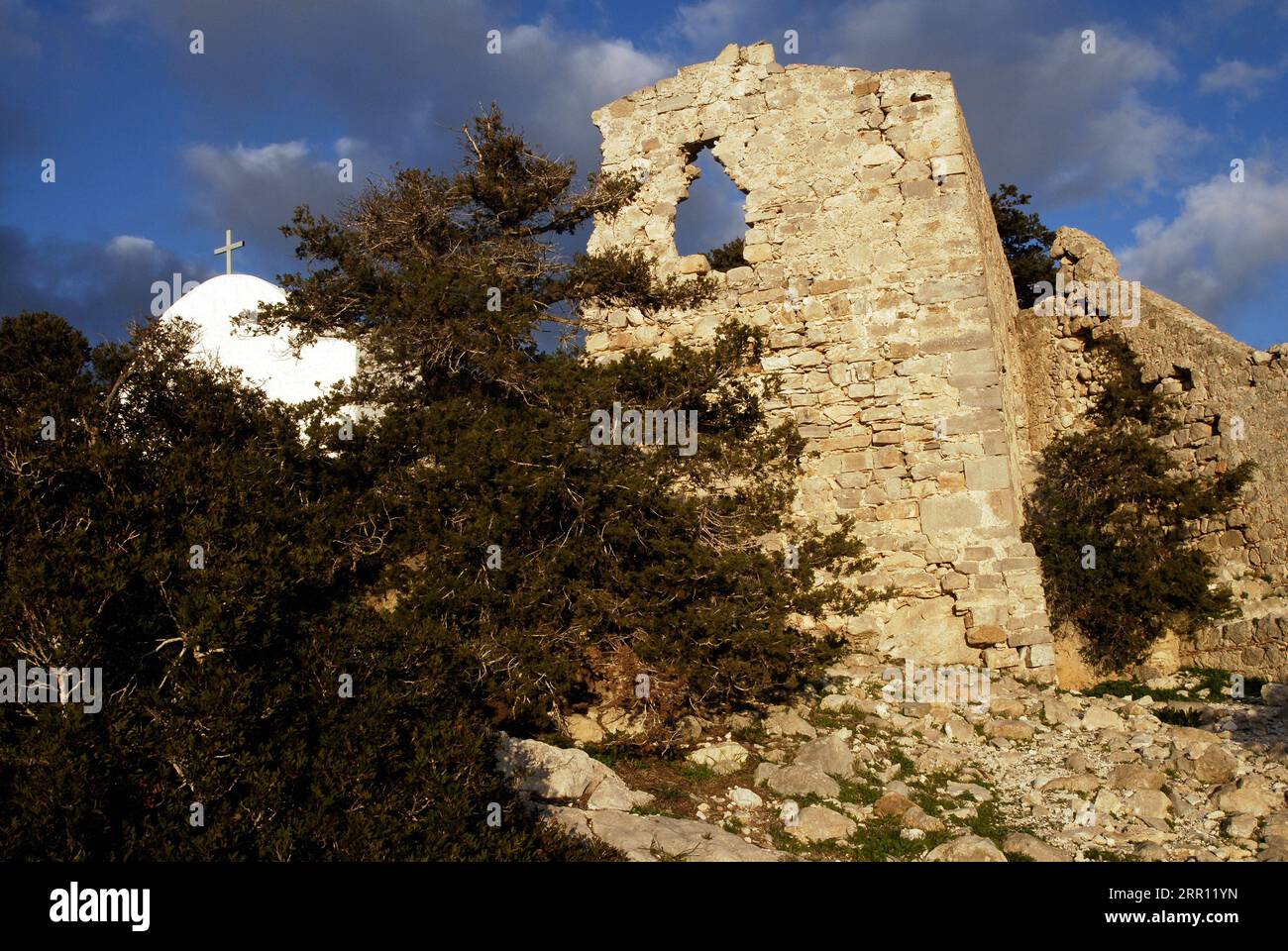 Greece, Rhodes island Monolithos village and Monolithos castle Stock ...