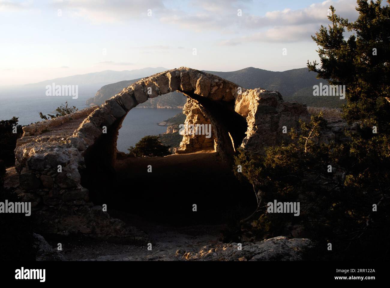 Greece, Rhodes island Monolithos village and Monolithos castle Stock ...