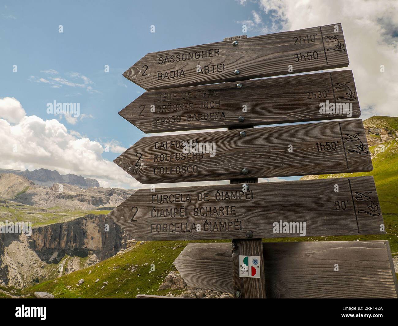 trekking sign on The Puez mountain in dolomites badia valley panorama ...