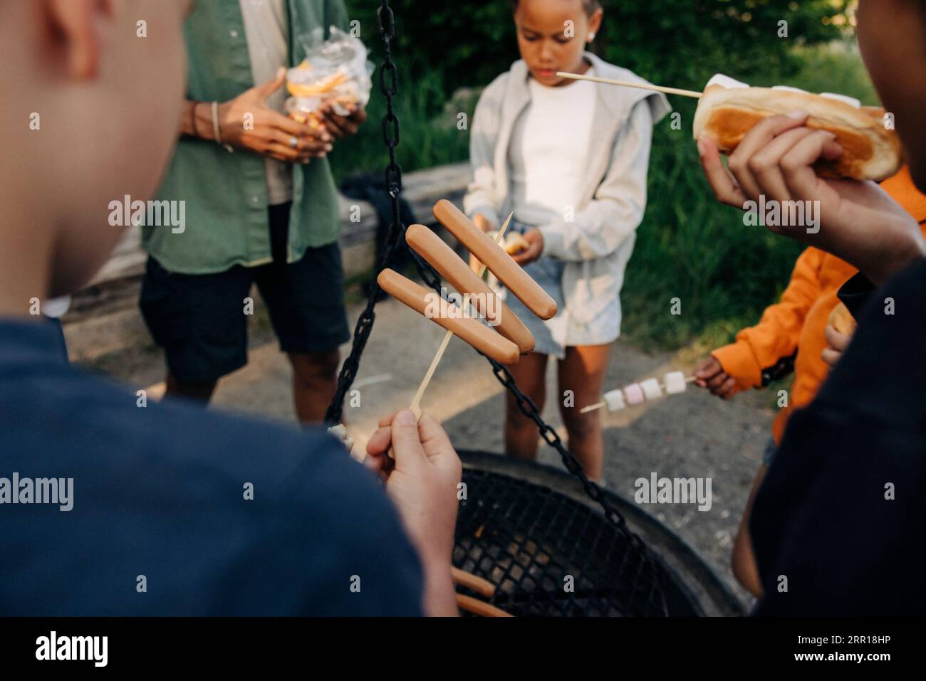 Boy roasting sausages with friends at summer camp Stock Photo - Alamy