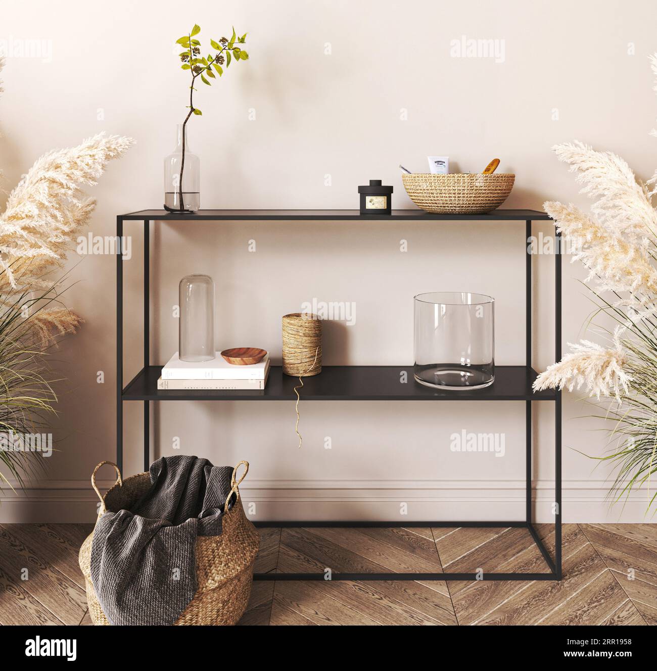 Japandi boho beige interior hallway with black console and green plant ...