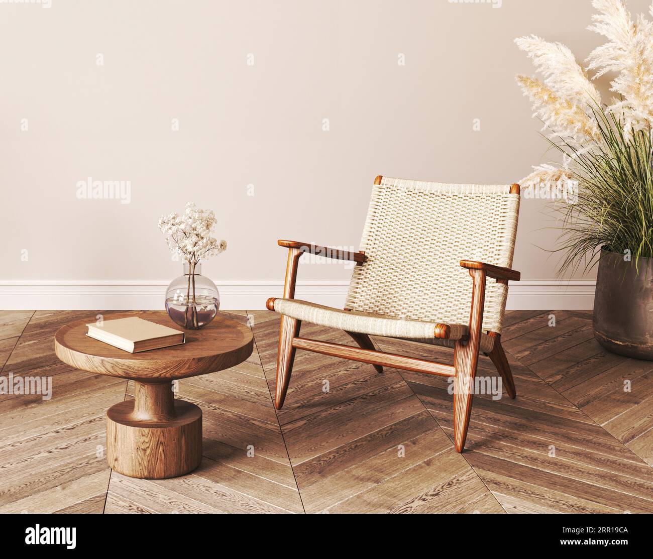 Japanese boho beige interior with armchair background. Light modern ...