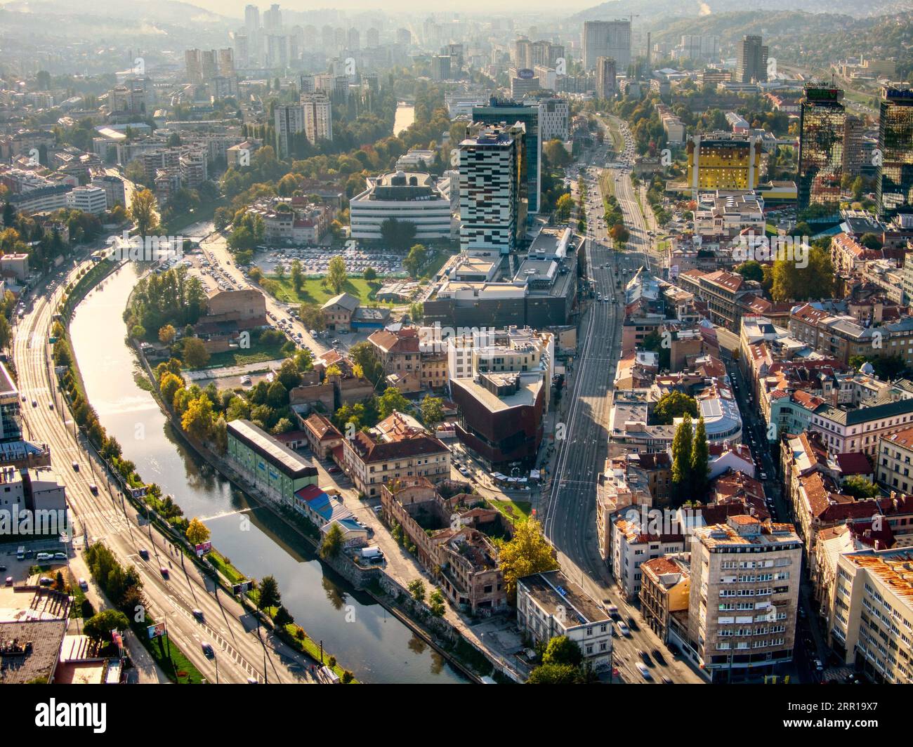 An aerial view of the cityscape of Sarajevo in Bosnia and Herzegovina ...