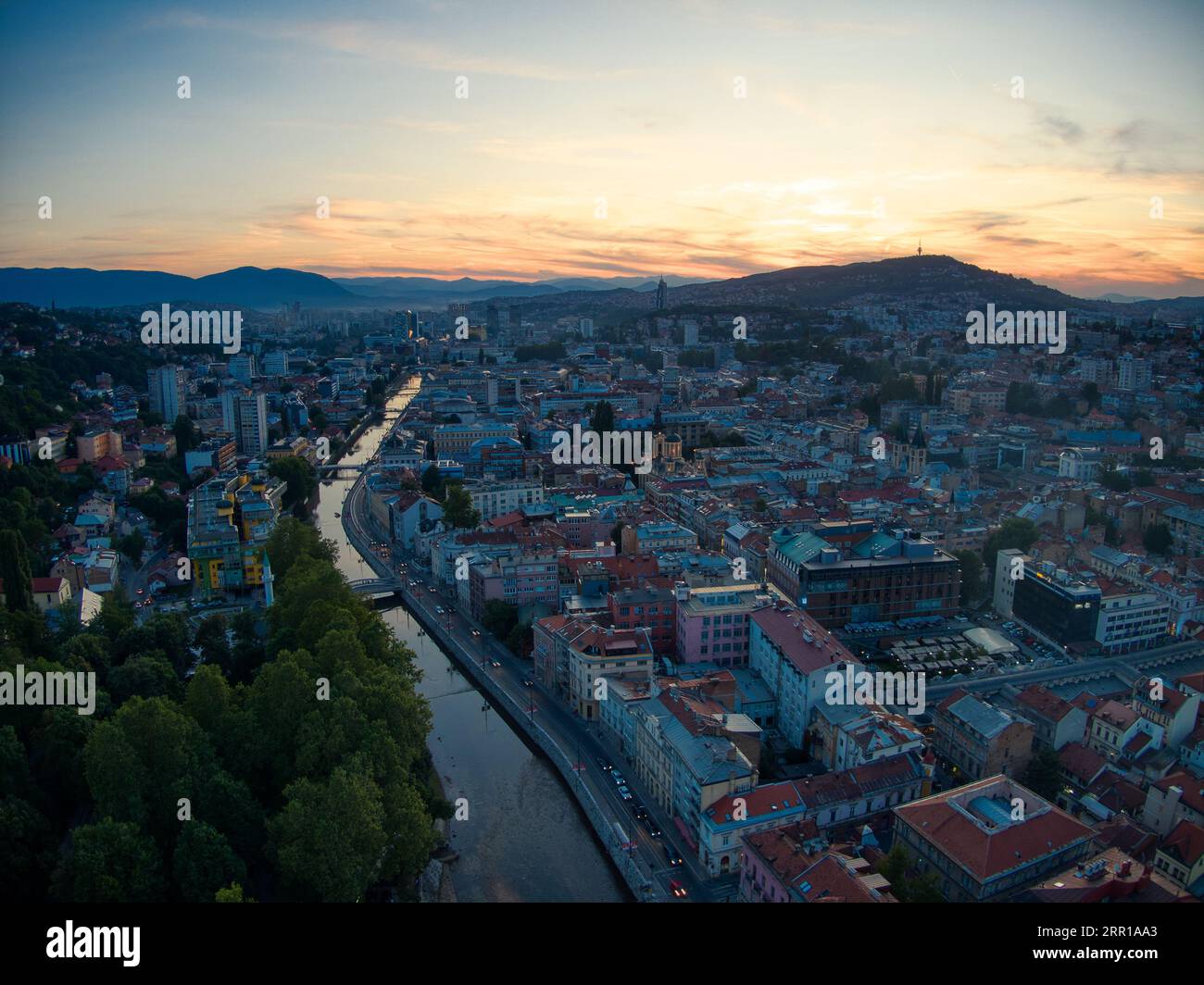 An aerial view of the cityscape of Sarajevo in Bosnia and Herzegovina ...