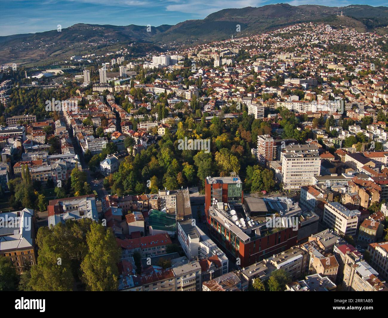 An aerial view of the cityscape of Sarajevo in Bosnia and Herzegovina ...
