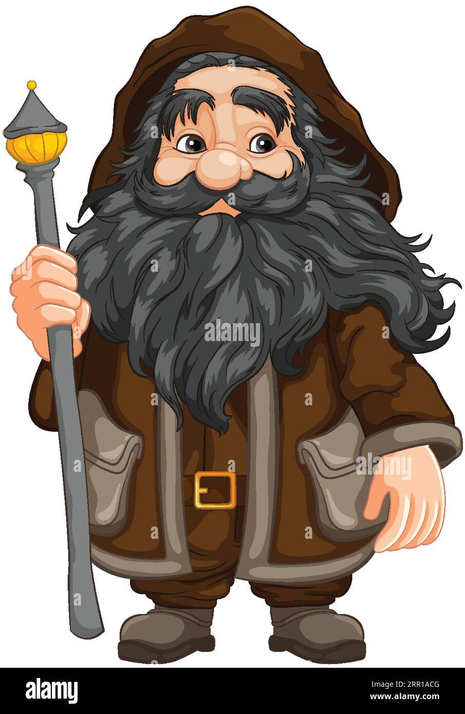 An illustrated old wizard holding a staff, wearing a blue hoodie Stock ...