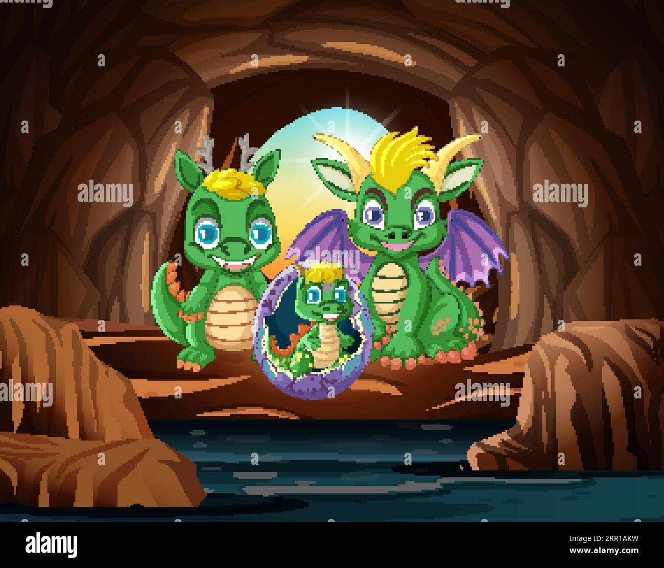 A cartoon illustration of a baby dragon hatching from an egg in a cave ...