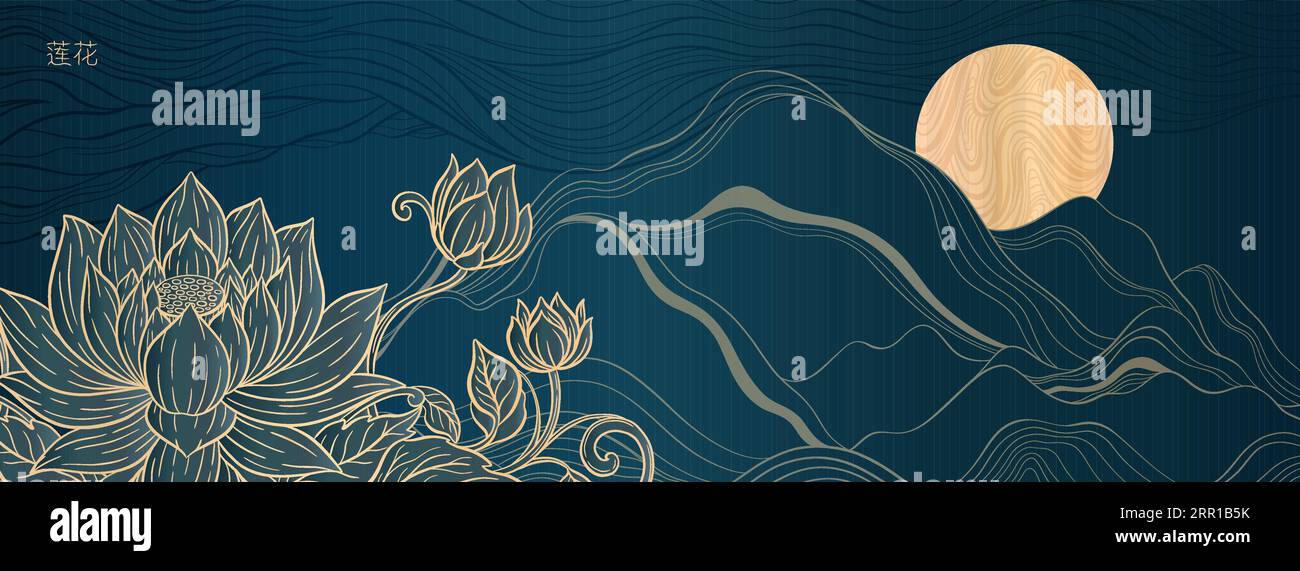 Lotus and leaf sketch with fine graceful lines. Isolated flower on blue ...