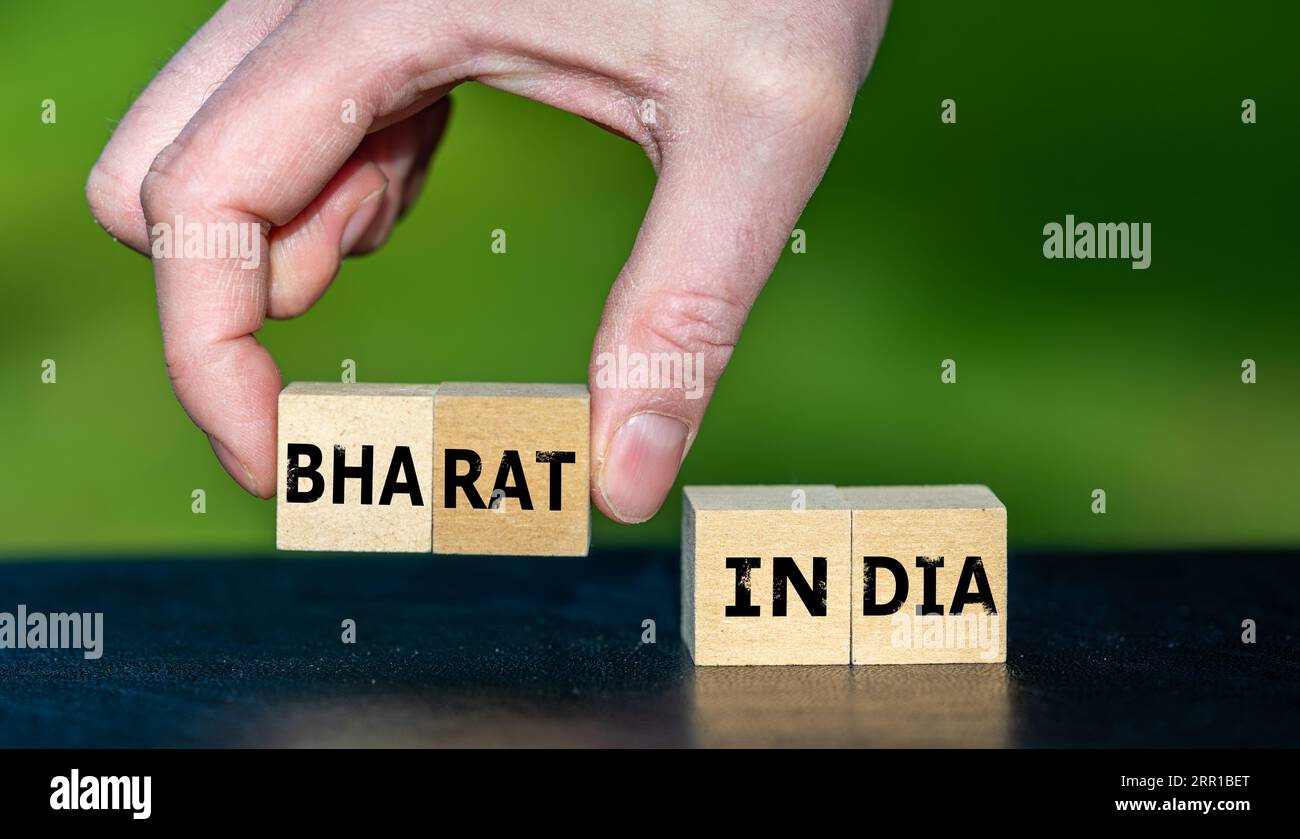 Hand pics cubes with the name Bharat instead of India. Symbol for the ...