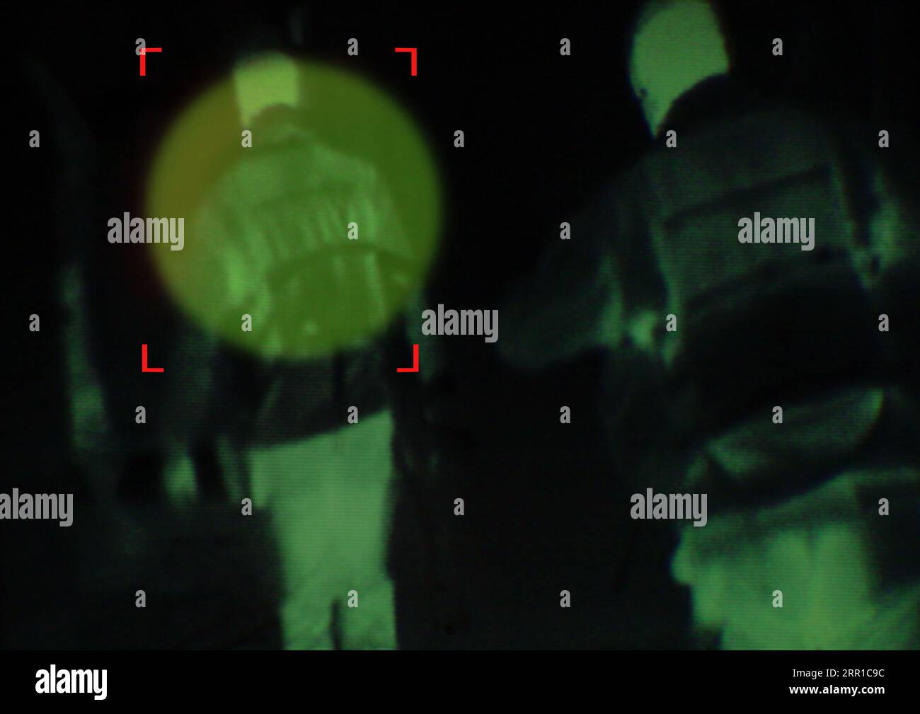 Military, enemy and target in night vision, overlay or dark green ...
