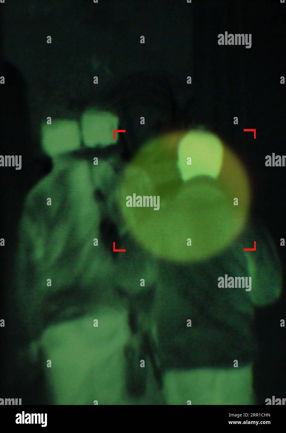 Military, enemy and target in night vision, overlay or dark green ...