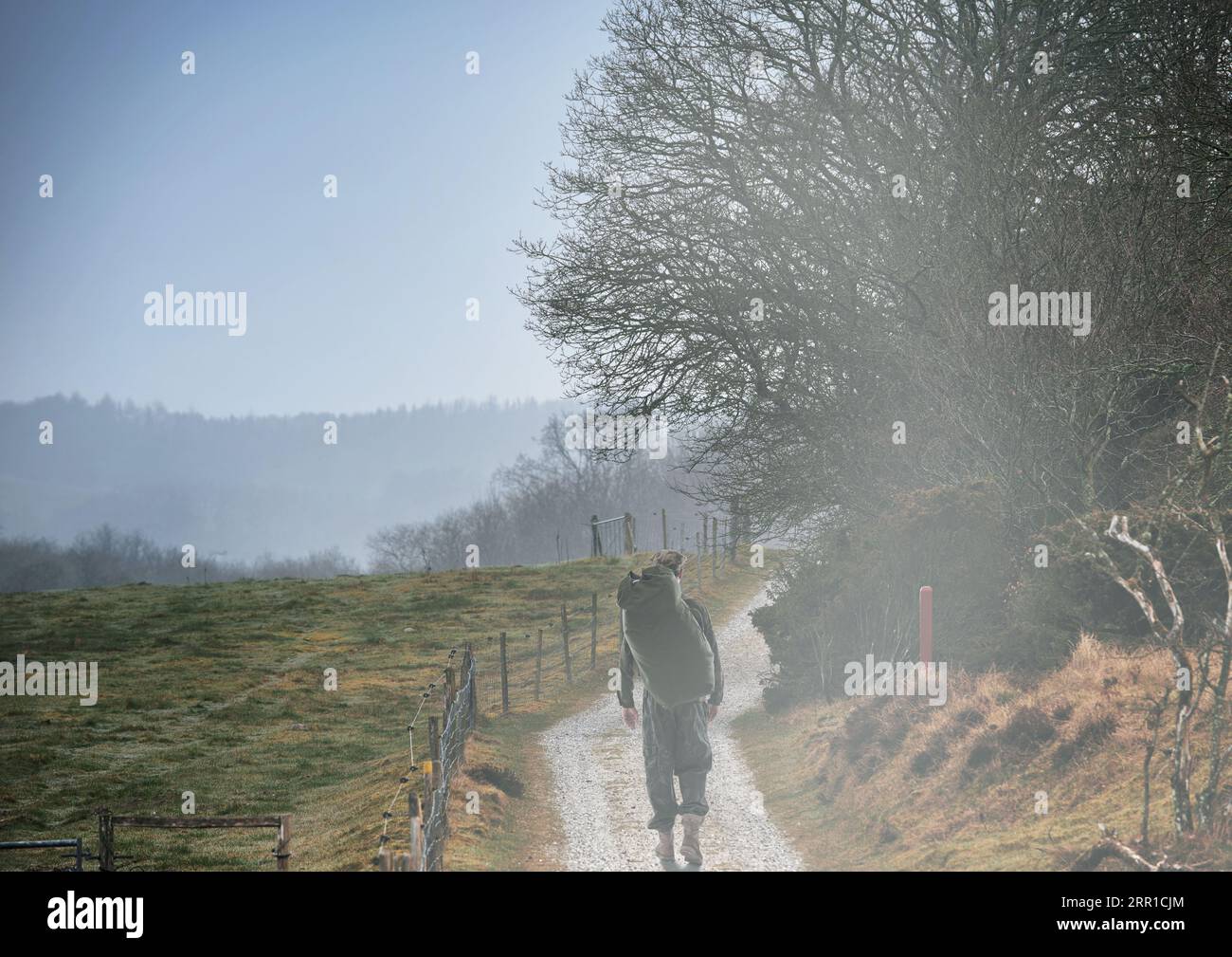 Nature, backpack and soldier walking on path, travel and journey ...