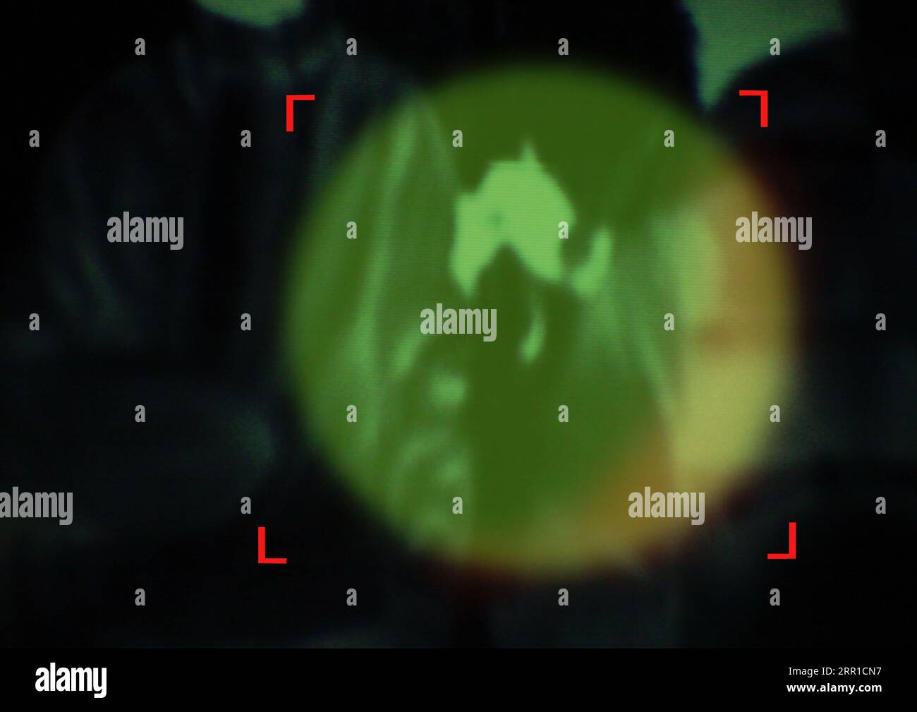 Military, enemy and target in night vision, overlay or dark green ...