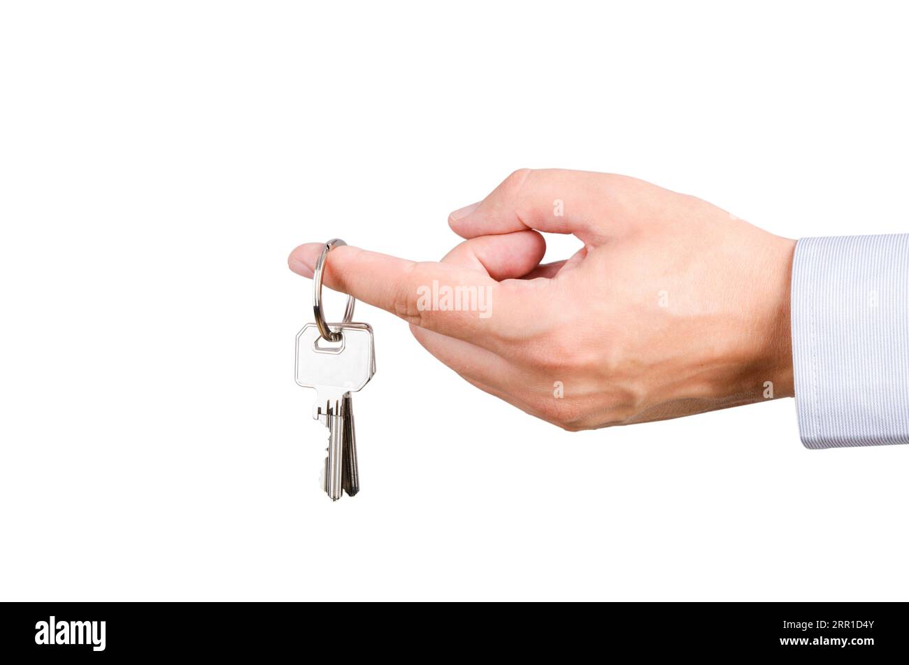Man holding house keys, white background isolated Stock Photo - Alamy