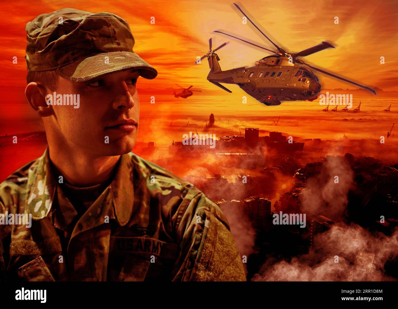 Explosion, military and soldier with helicopter and fire in warzone for ...