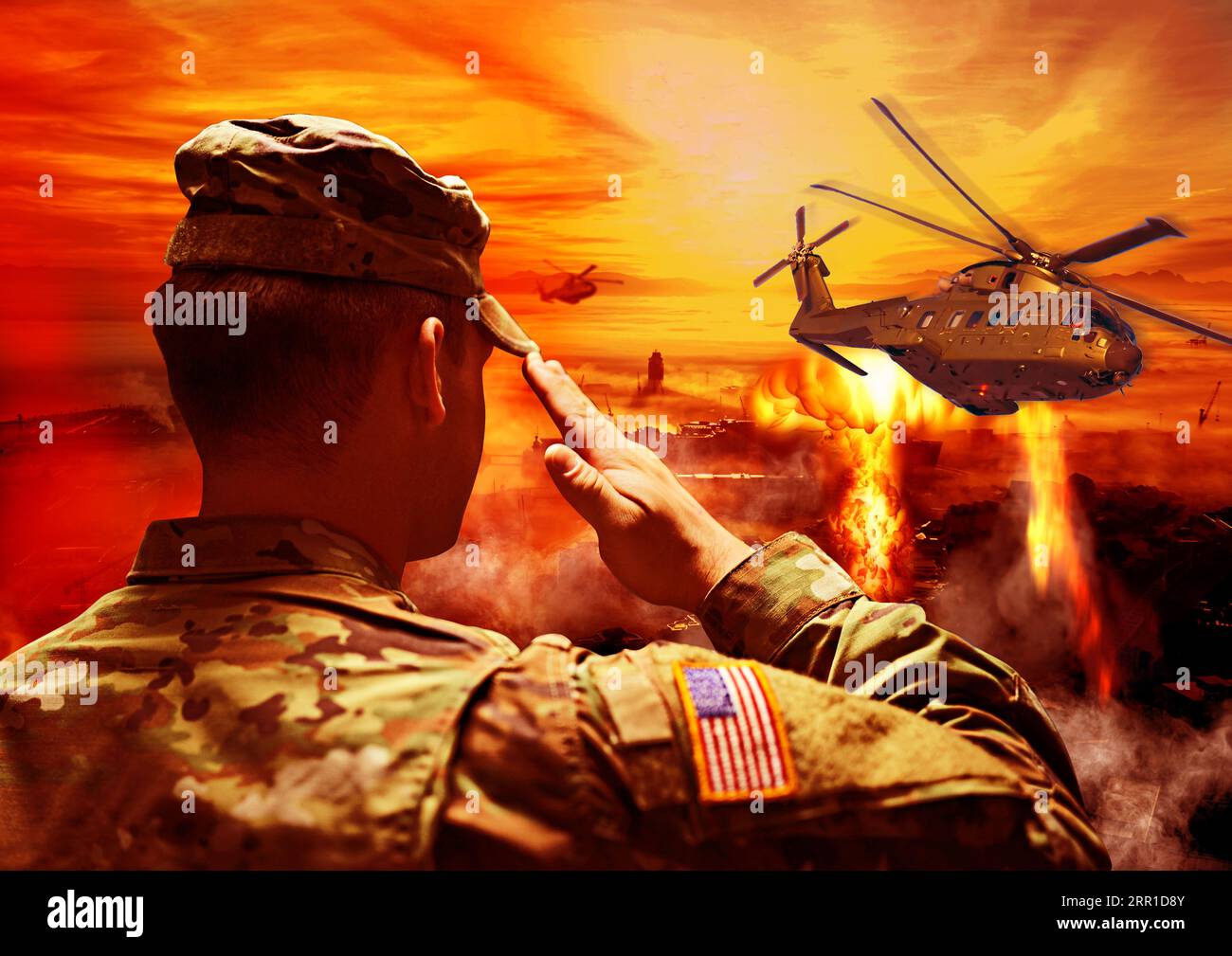 Soldier, war and a man with a salute for a helicopter, military ...