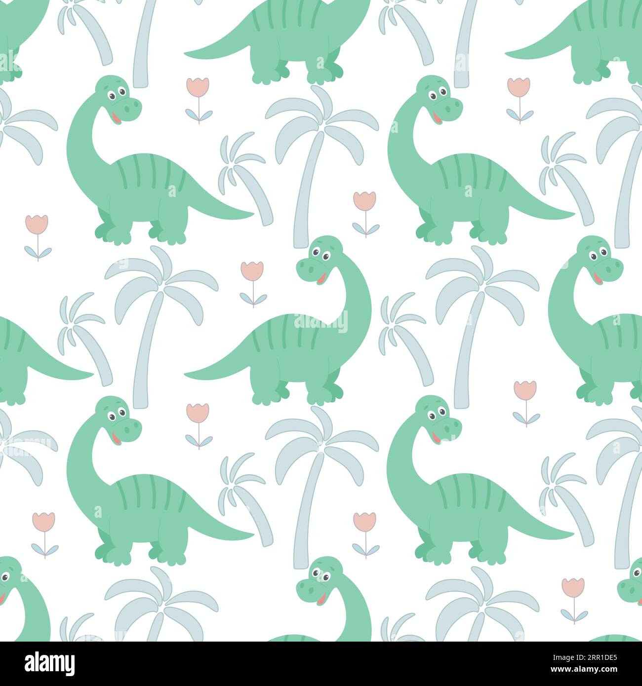 Baby seamless pattern with dinosaurs. Cute dino, palms and flowers ...