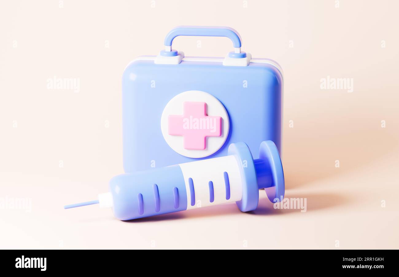 Cartoon medical kit and injection syringe in the orange background, 3d ...