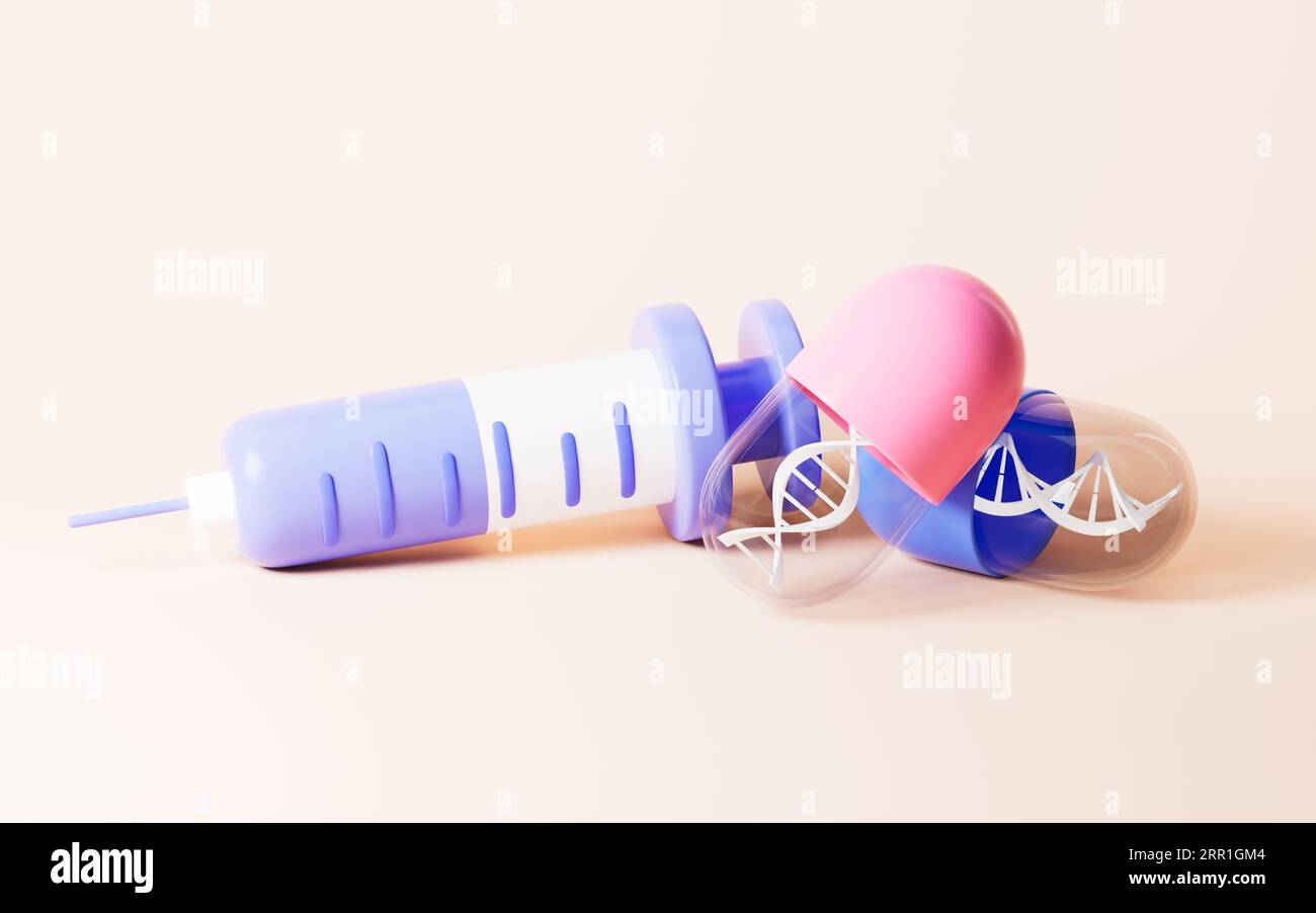 Cartoon DNA and injection syringe, 3d rendering. Digital drawing Stock ...
