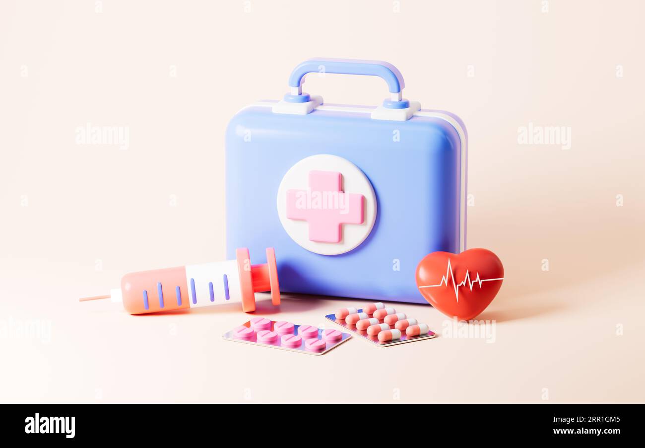 Cartoon medical kit and drug therapy, 3d rendering. Digital drawing ...