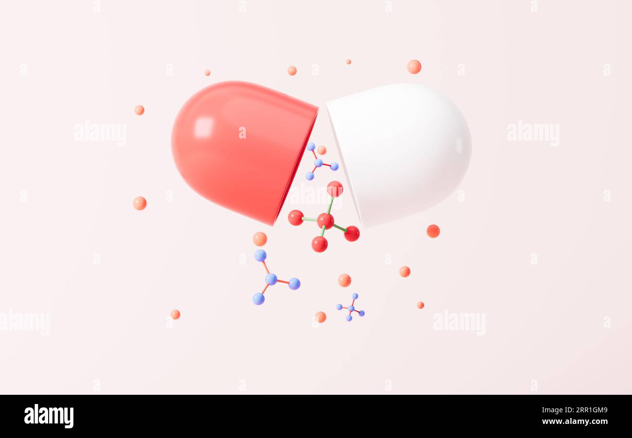 Cartoon drug and molecular structure, 3d rendering. Digital drawing ...
