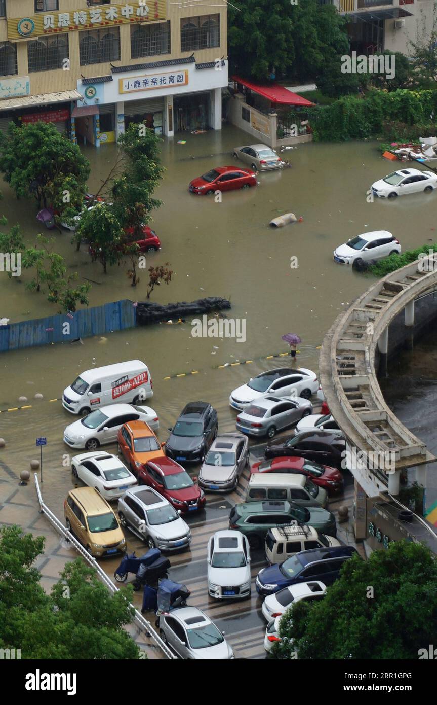 A view of a flooded residential block in Fuzhou city in southeast China ...
