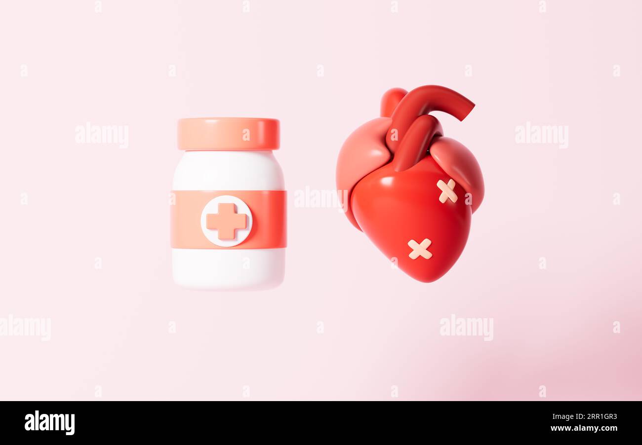 Cartoon medicine bottle and heart in the pink background, 3d rendering ...