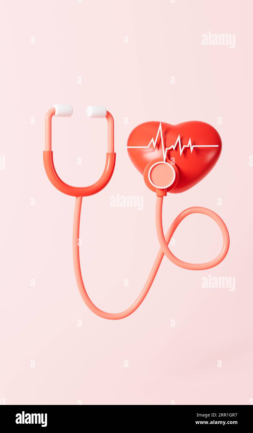 Cartoon stethoscope and cardiac function curve in the pink background ...
