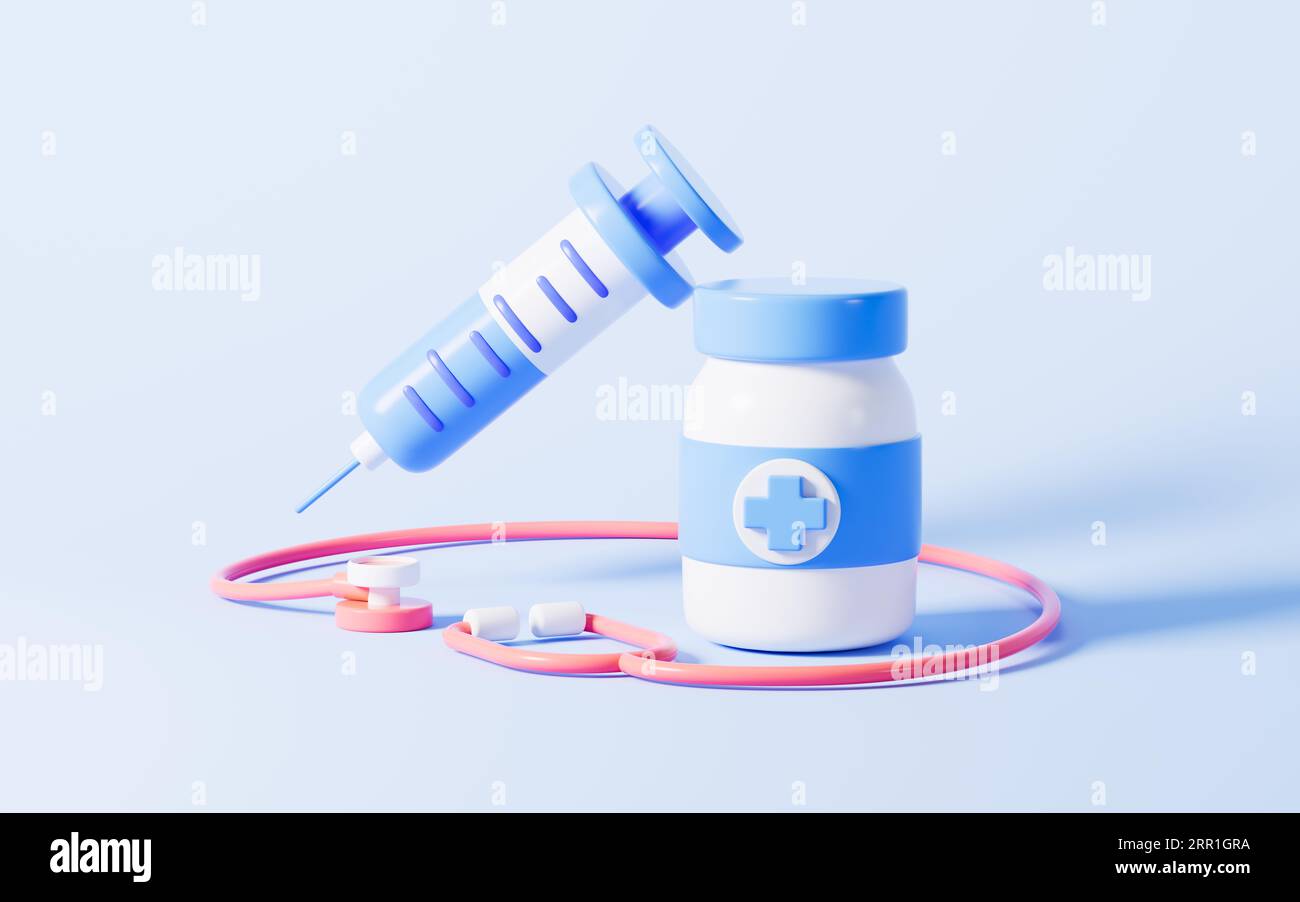 Cartoon Injection syringe and medicine bottle in the blue background ...