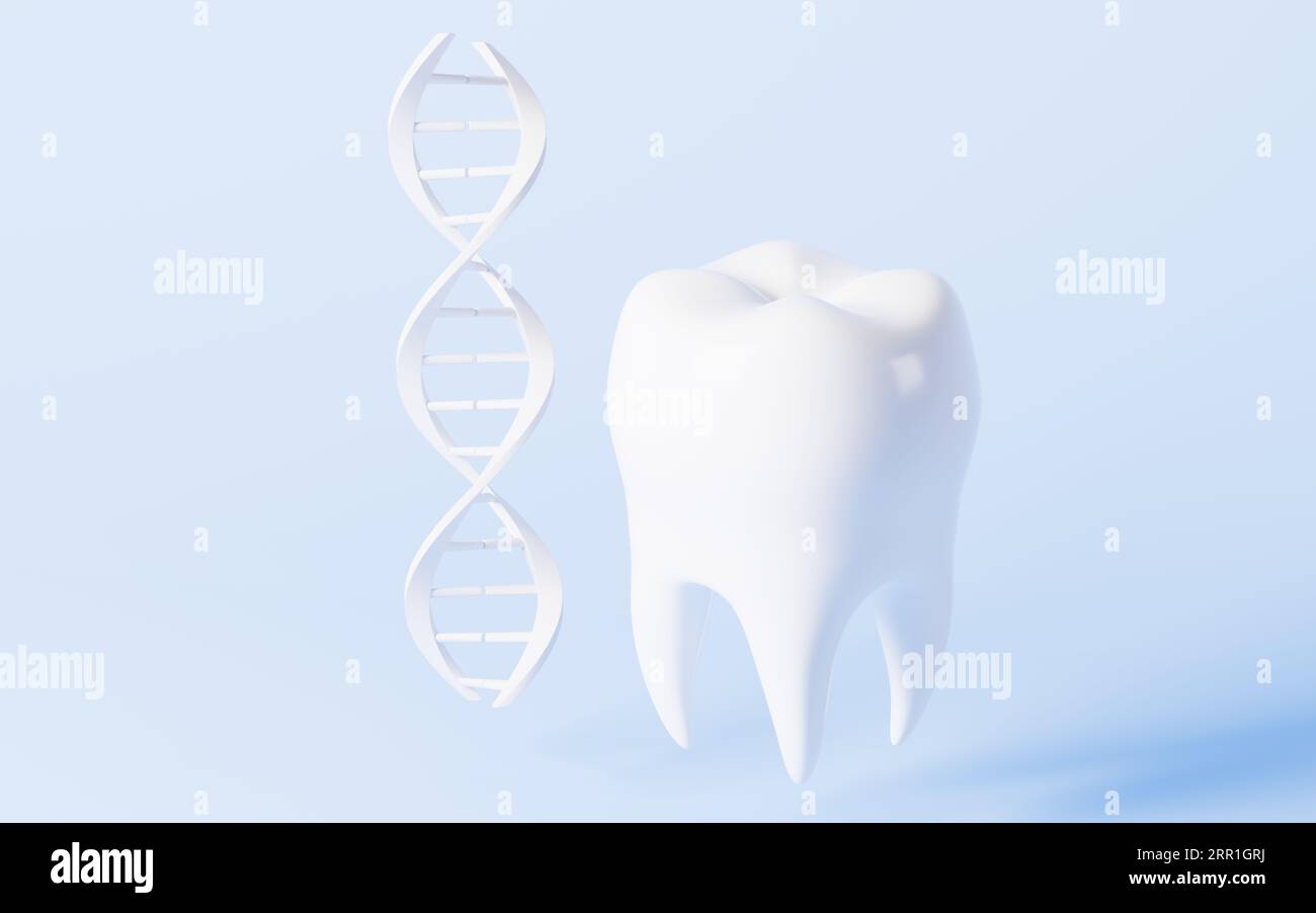Tooth and DNA in the blue background, 3d rendering. Digital drawing ...
