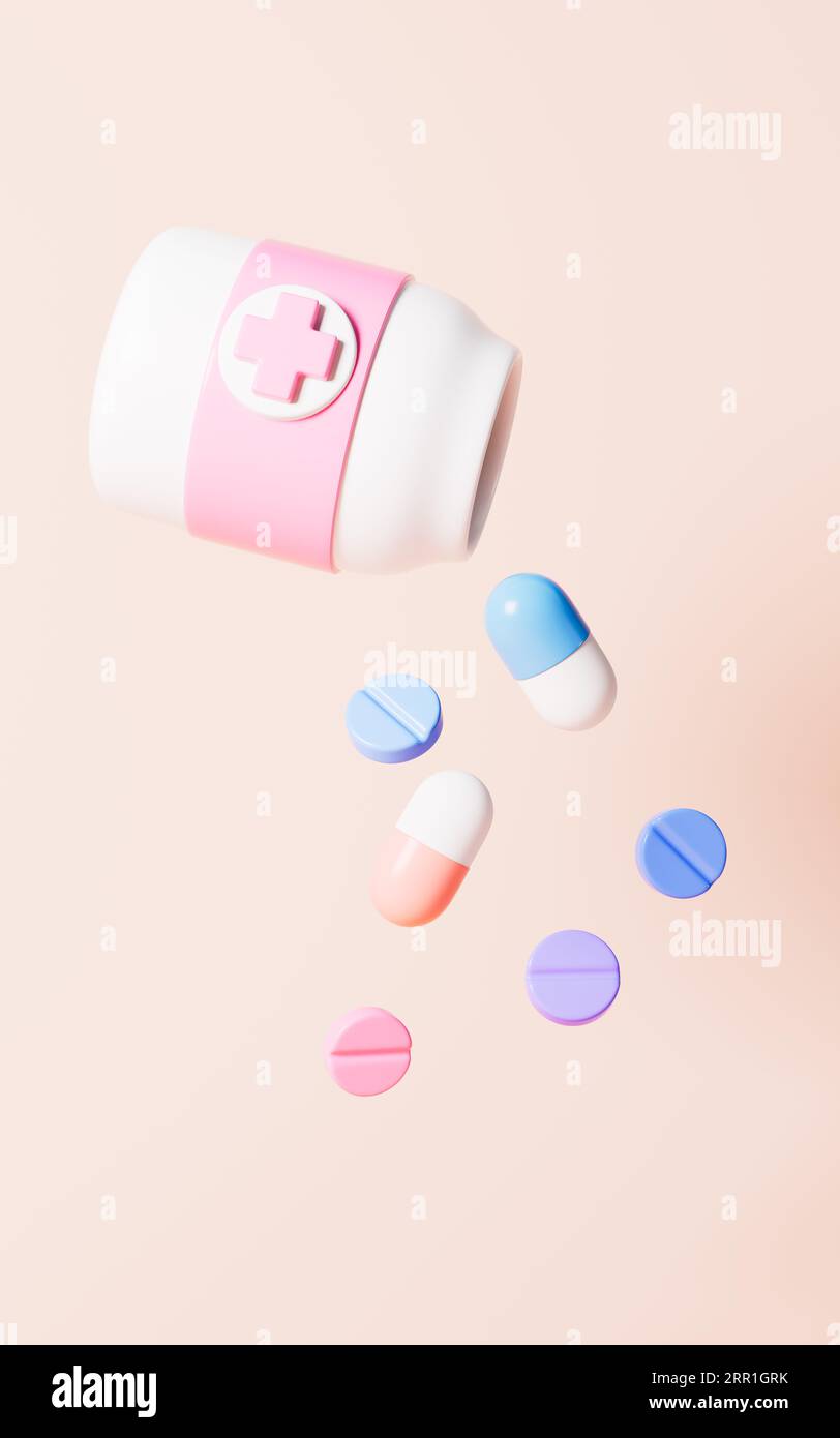 Cartoon medicine bottle and pills in the pink background, 3d rendering ...