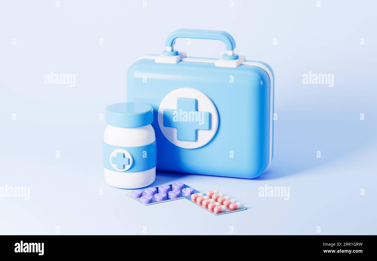 Cartoon medical kit and pills in the blue background, 3d rendering ...