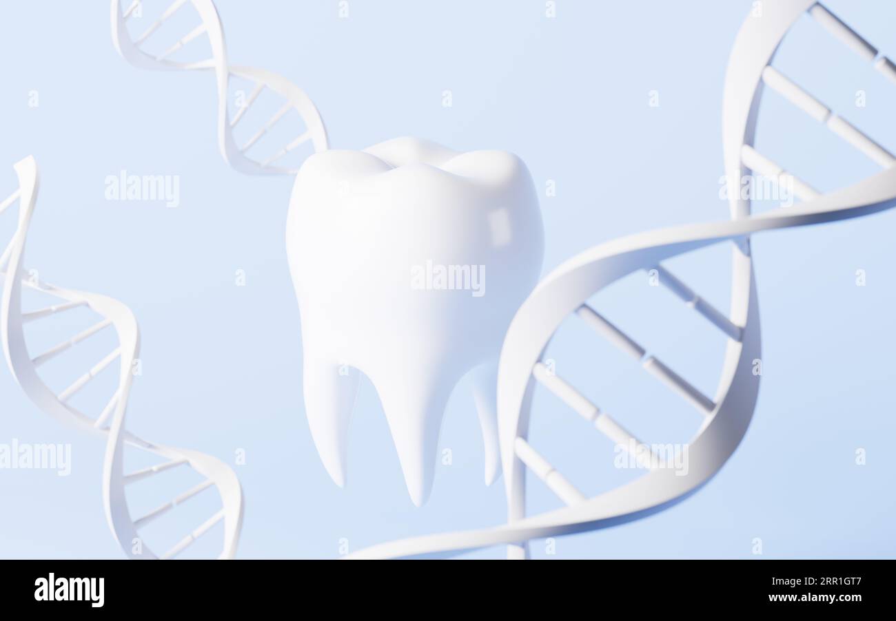 Tooth and DNA in the blue background, 3d rendering. Digital drawing ...