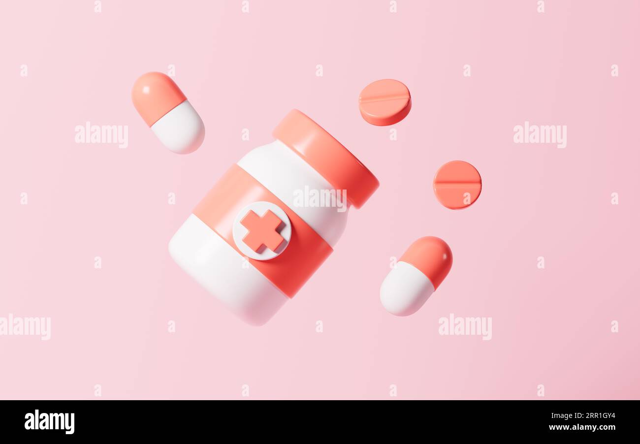 Cartoon medicine bottle and pills in the pink background, 3d rendering ...