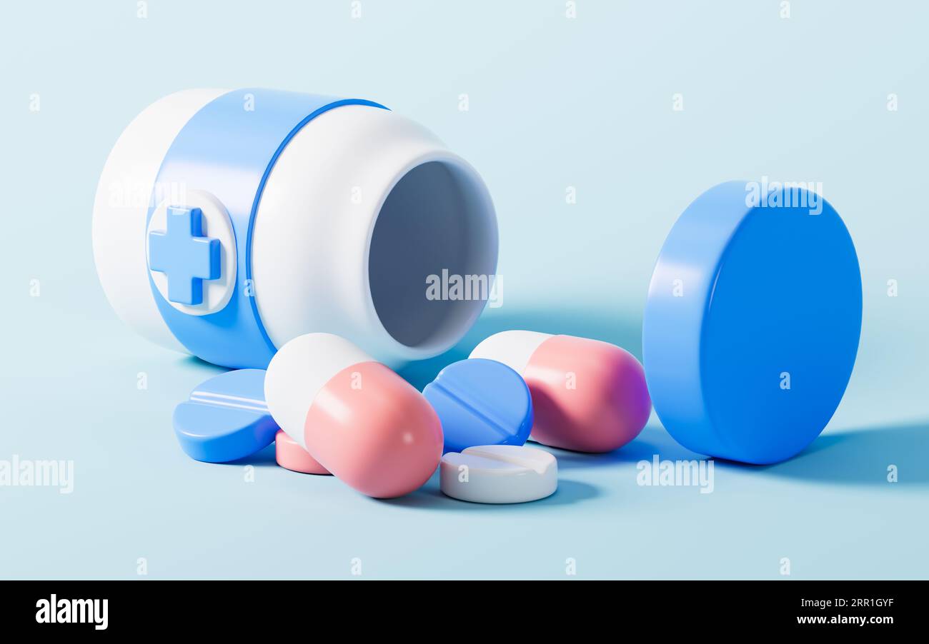 Cartoon medicine bottle and pills in the blue background, 3d rendering ...