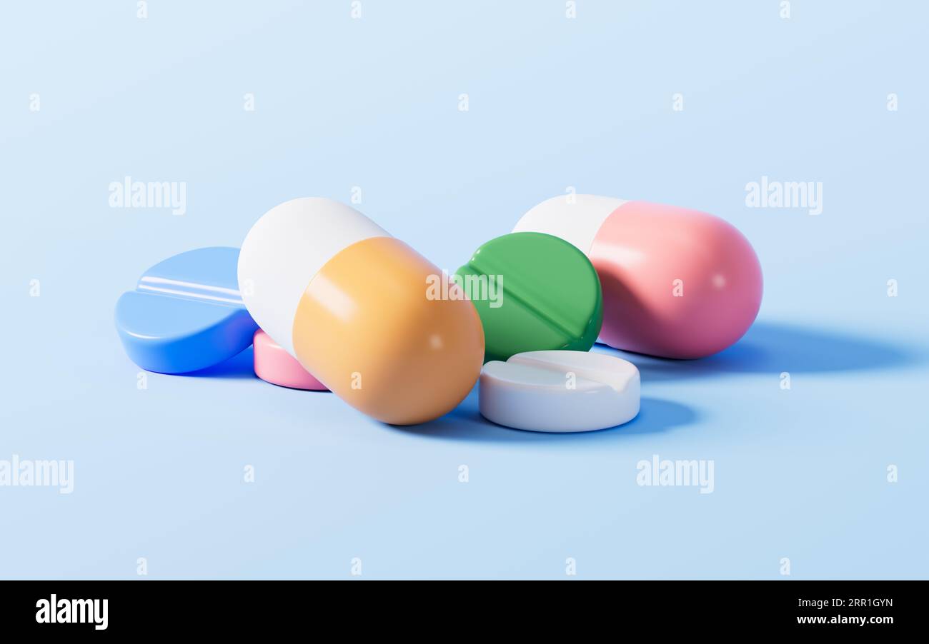 Different drugs and capsules in the blue background, 3d rendering ...