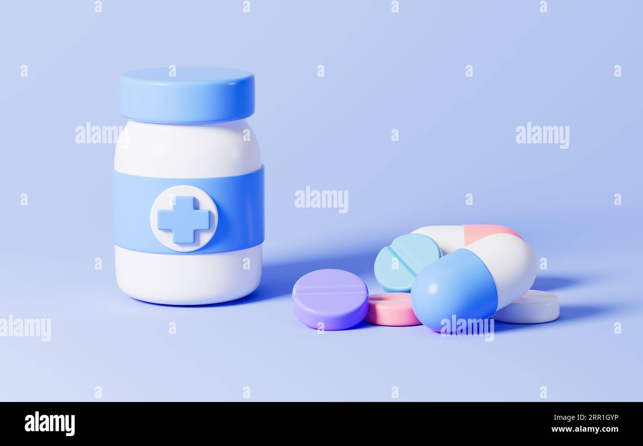 Cartoon medicine bottle and pills in the blue background, 3d rendering ...