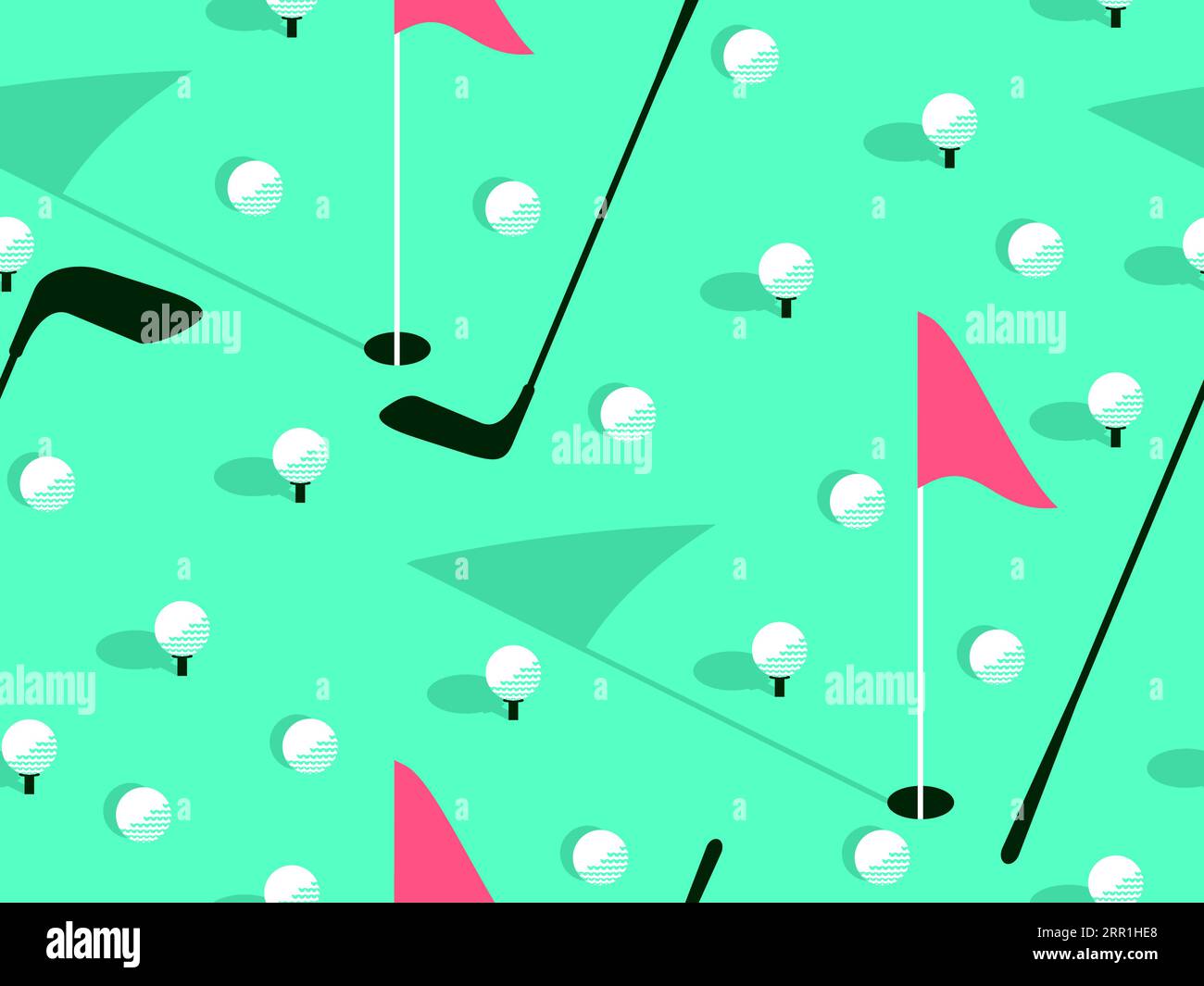 Seamless pattern with golf balls on the rack, clubs, holes and red ...