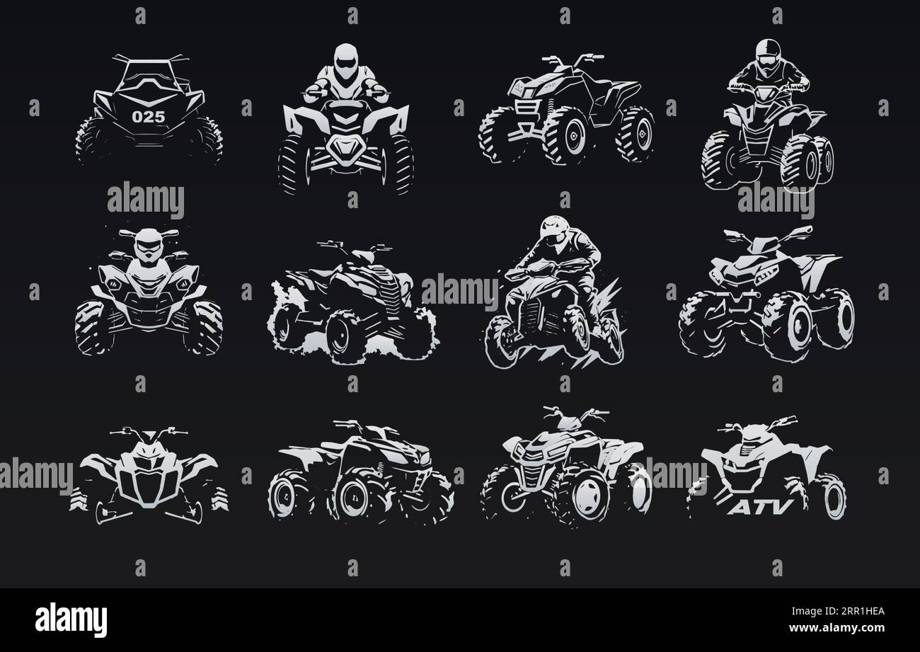 ATV icon set. Monochrome four-wheel hand-drawn label collection evokes ...