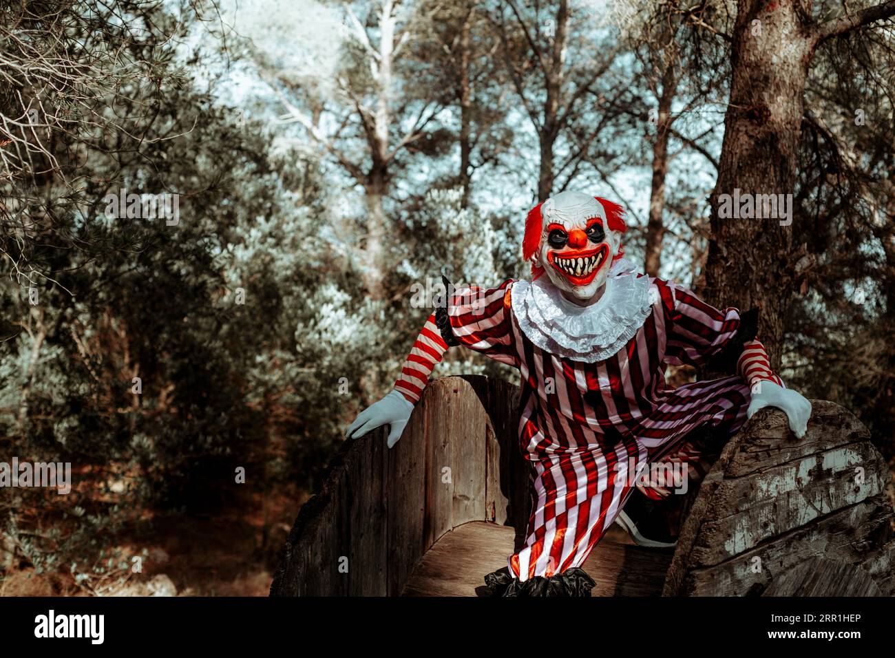 closeup of a mad evil redhead clown, wearing a white and red striped ...