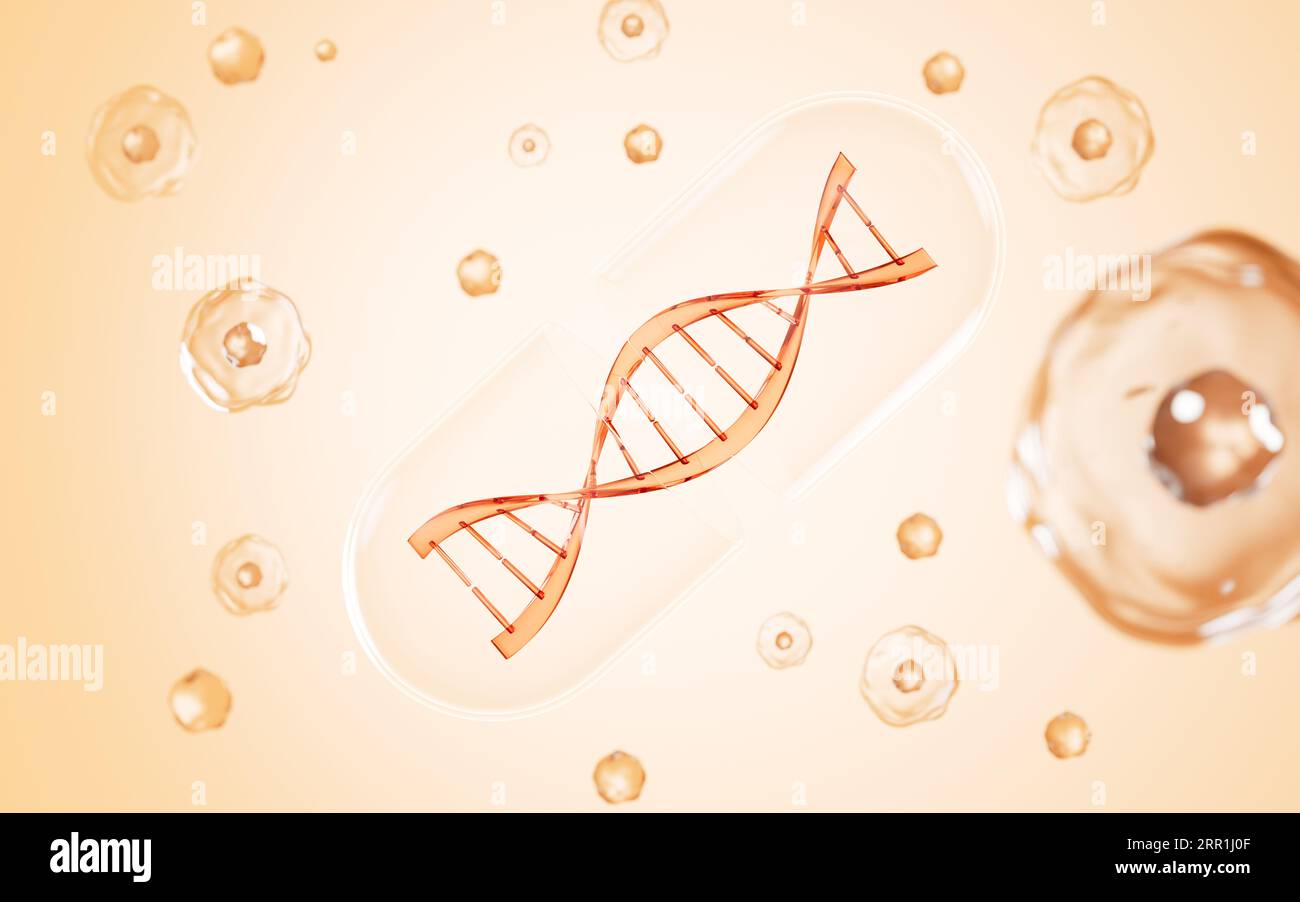DNA and cells in the gold background, 3d rendering. Digital drawing ...