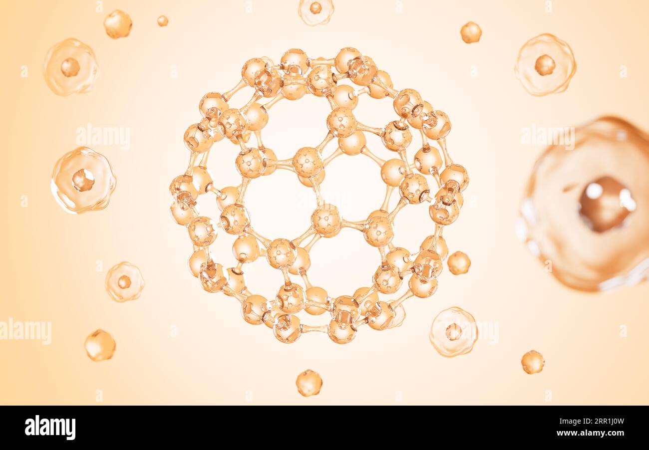 Spherical molecular structure in the gold background, 3d rendering ...