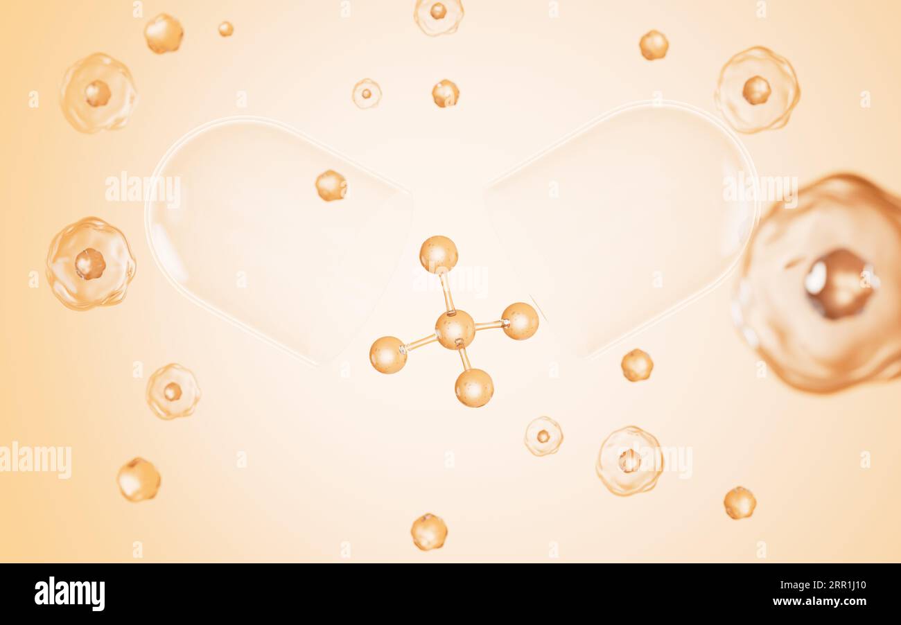 Floating molecular structure in the gold background, 3d rendering ...