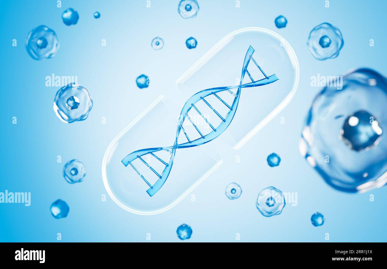DNA and cells in the blue background, 3d rendering. Digital drawing ...