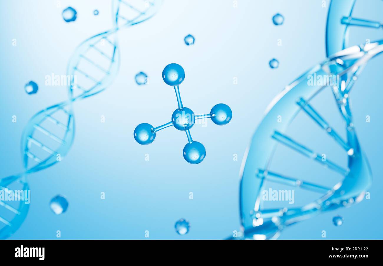 DNA and molecular structure in the blue background, 3d rendering ...